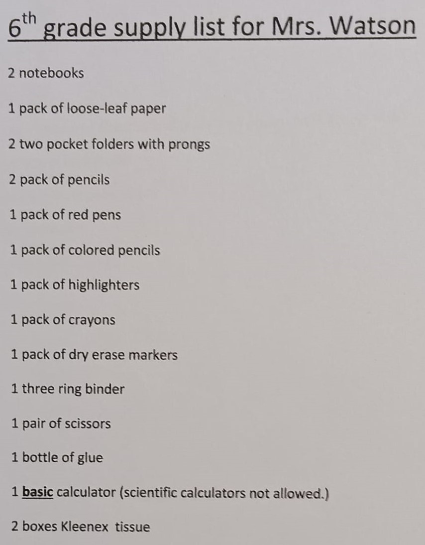 Eagletown Public School - School Supply List